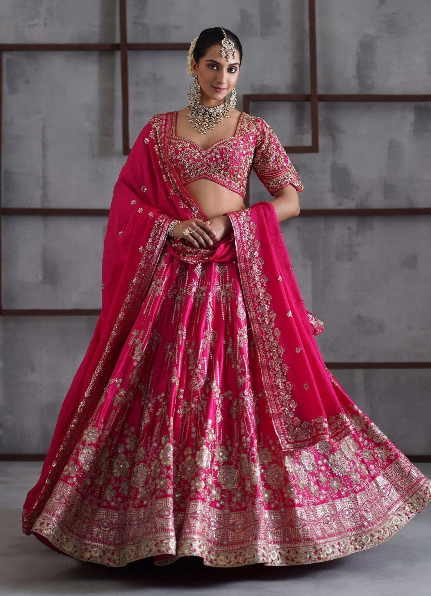 Hot Pink Embroidered Satin Lehenga Set - Deepika Chadha- Fabilicious Fashion