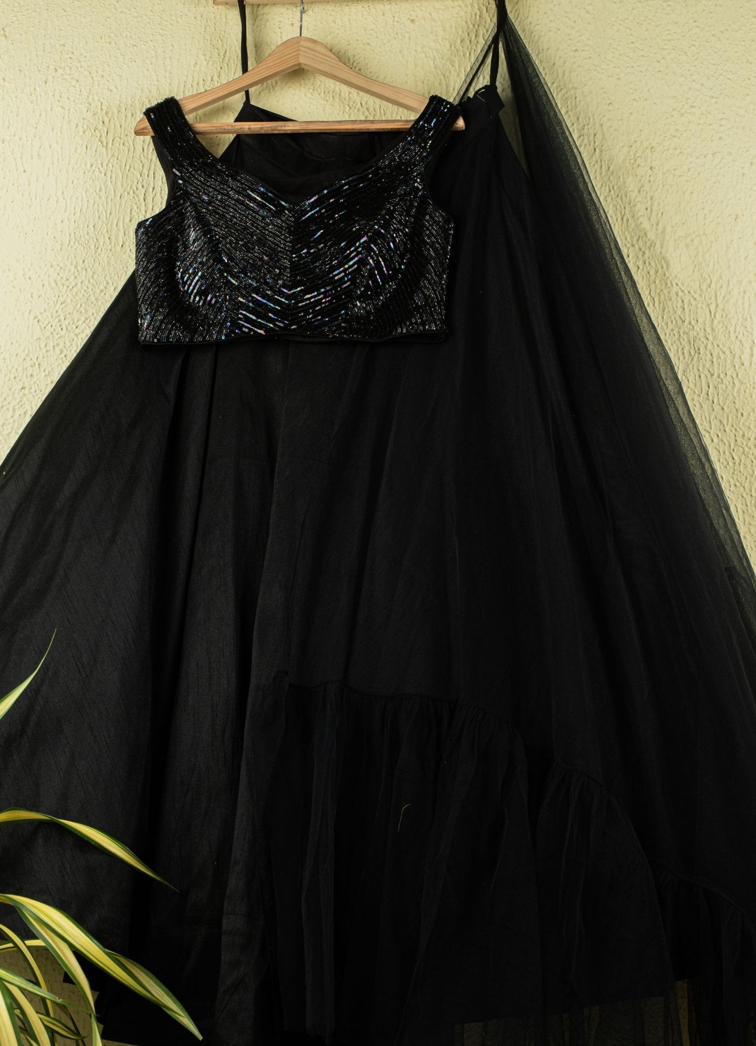 Black Lehenga With Sequence Blouse And Frill Dupatta - Anisha Shetty- Fabilicious Fashion
