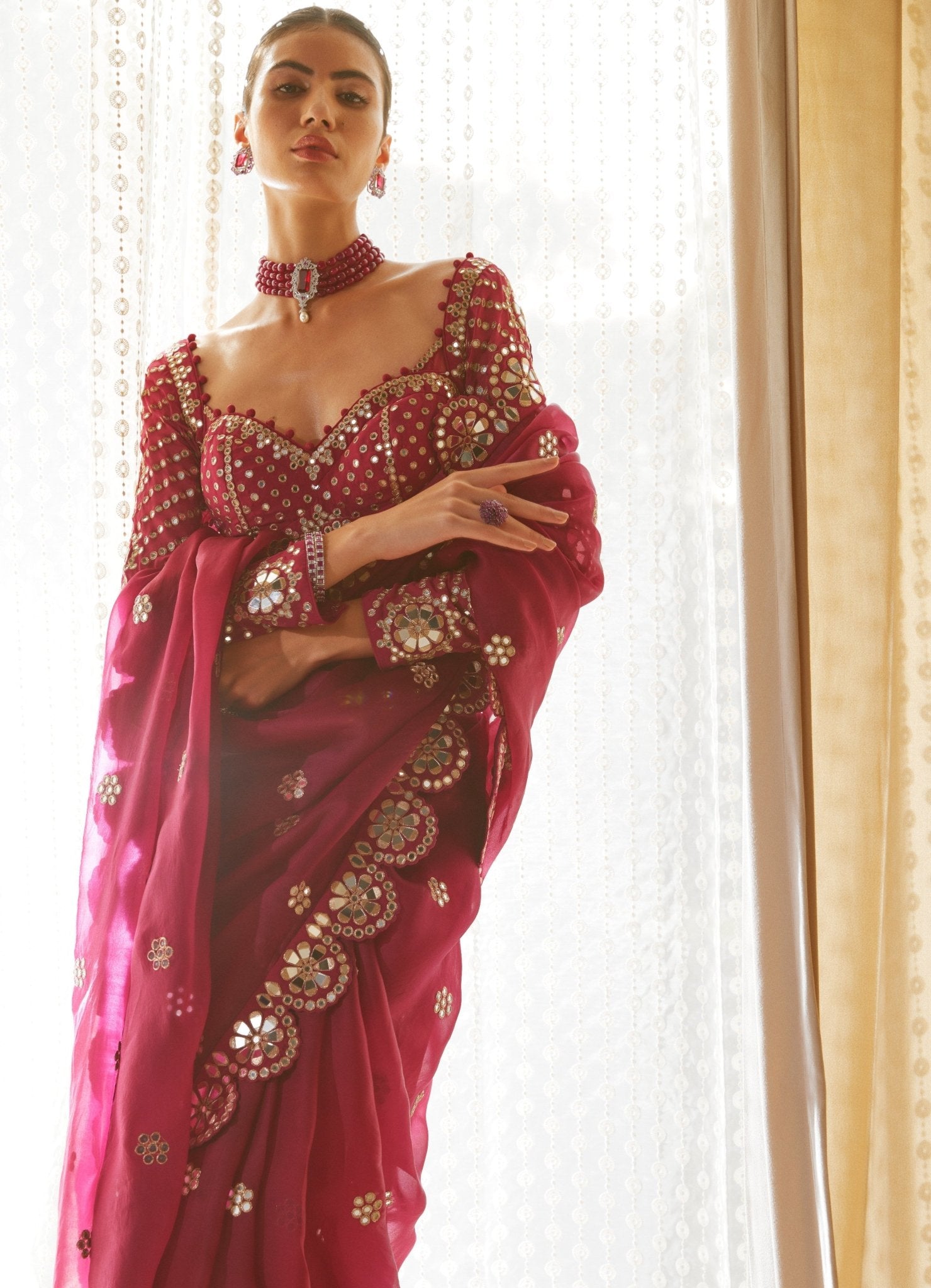 Mellow Wine Satin Organza Mirrorwork Saree With Full Sleeved Blouse