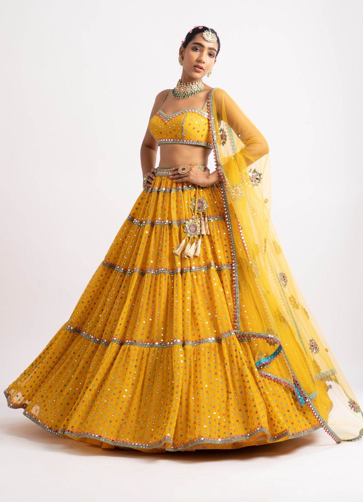 Yellow Strappy Blouse And Tiered Lehenga Set Vvani By Vani Vats