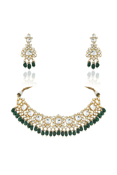 Big White Jadtar Stone Set With Green Beads - Kalyani Indian Jewelry ...