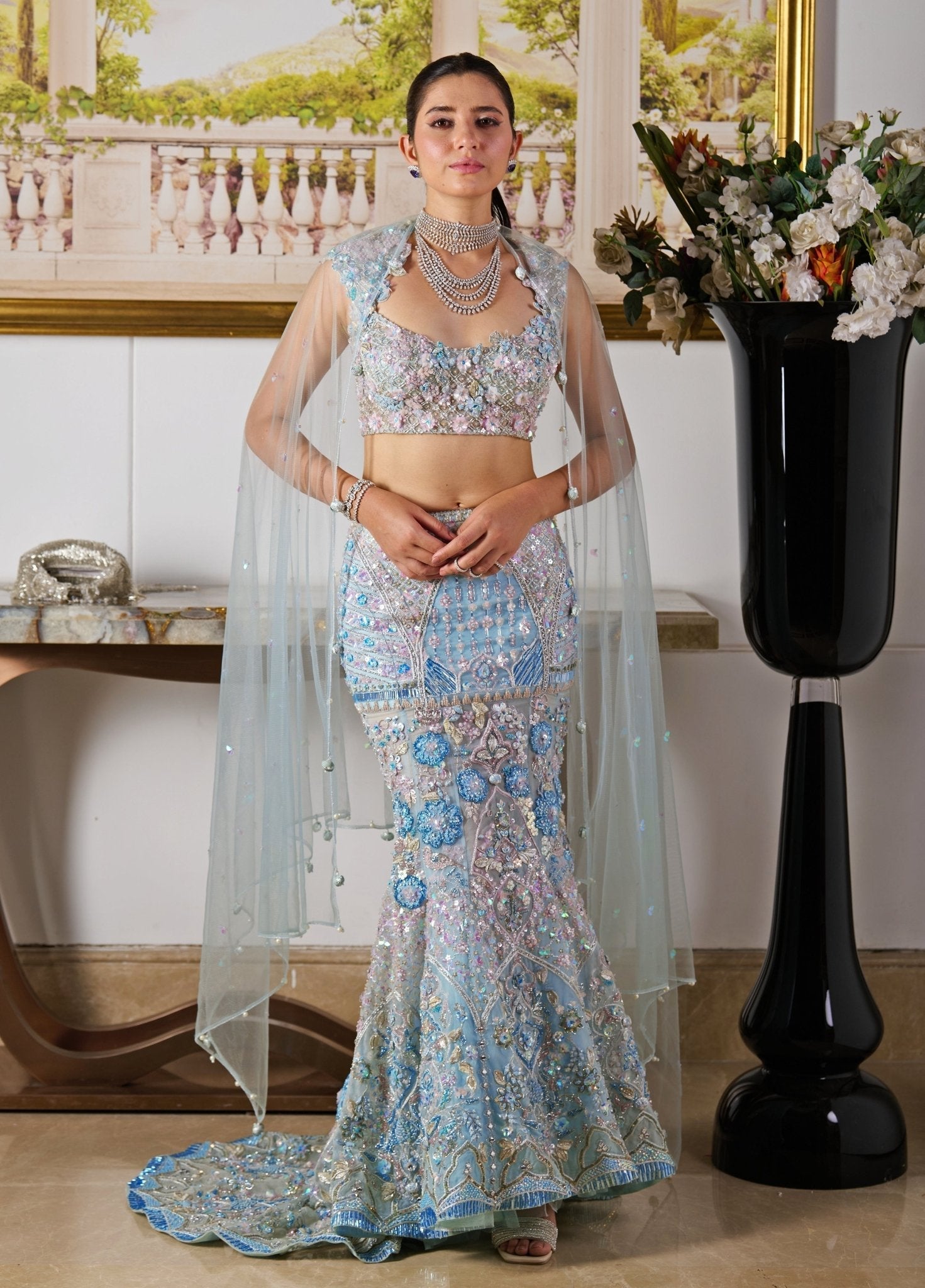 Blue Floral Embroidered Mermaid Lehenga - Moledro- Fabilicious Fashion