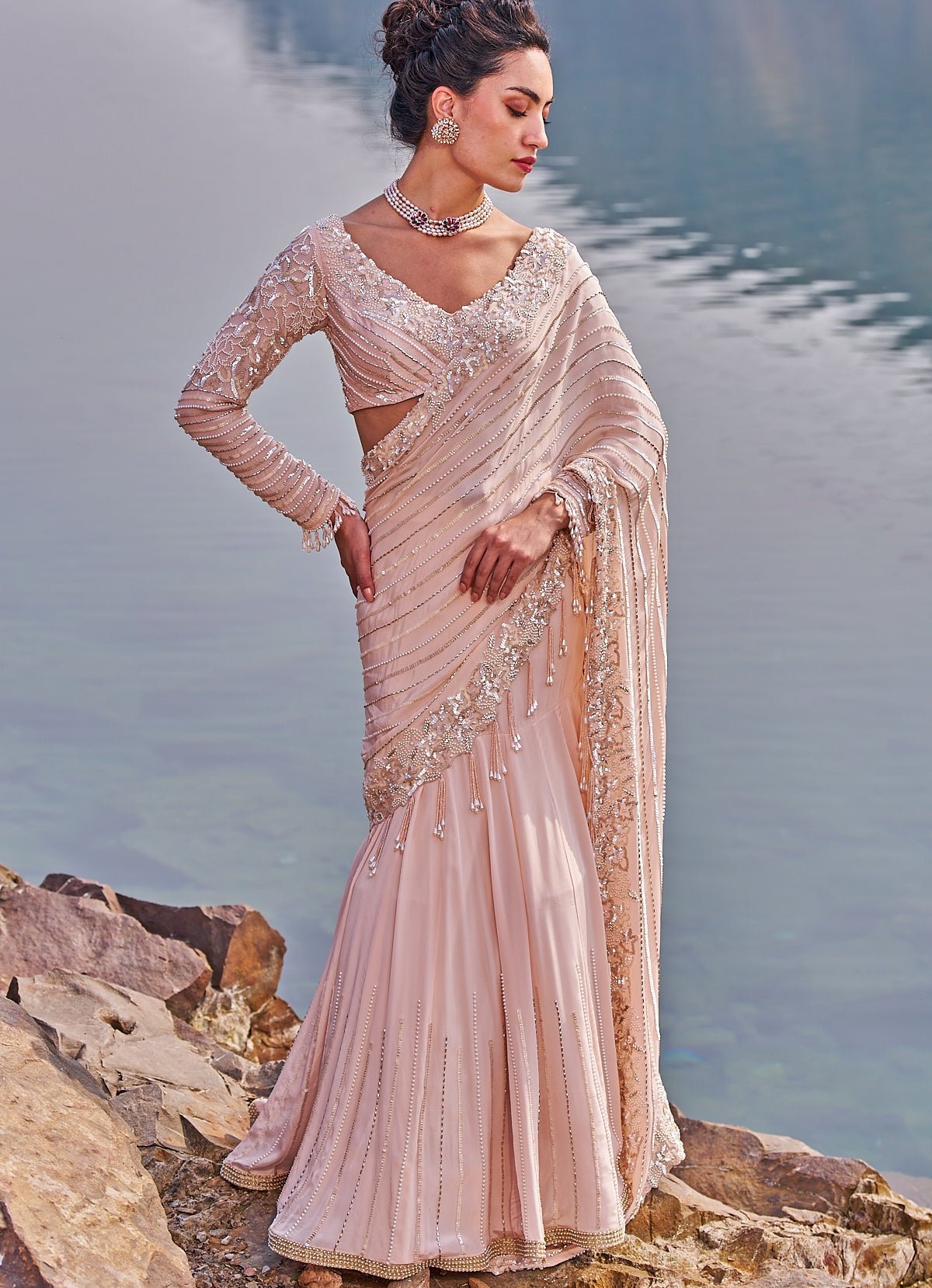Blush Pink Fish Cut Sequinned Saree - Nidhika Shekhar- Fabilicious Fashion