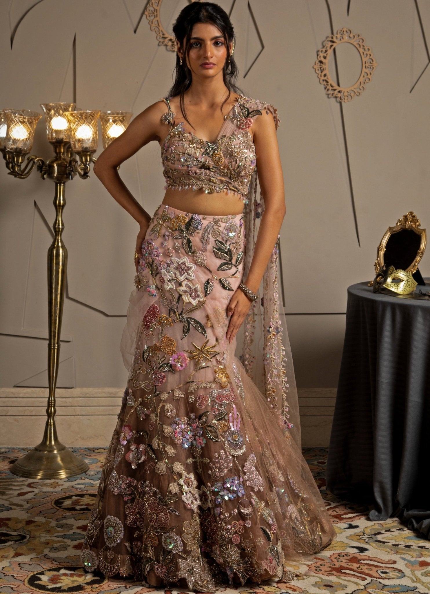 Blush Pink Ombre Embroidered Fish Cut Lehenga Set With Pallu - Moledro ...