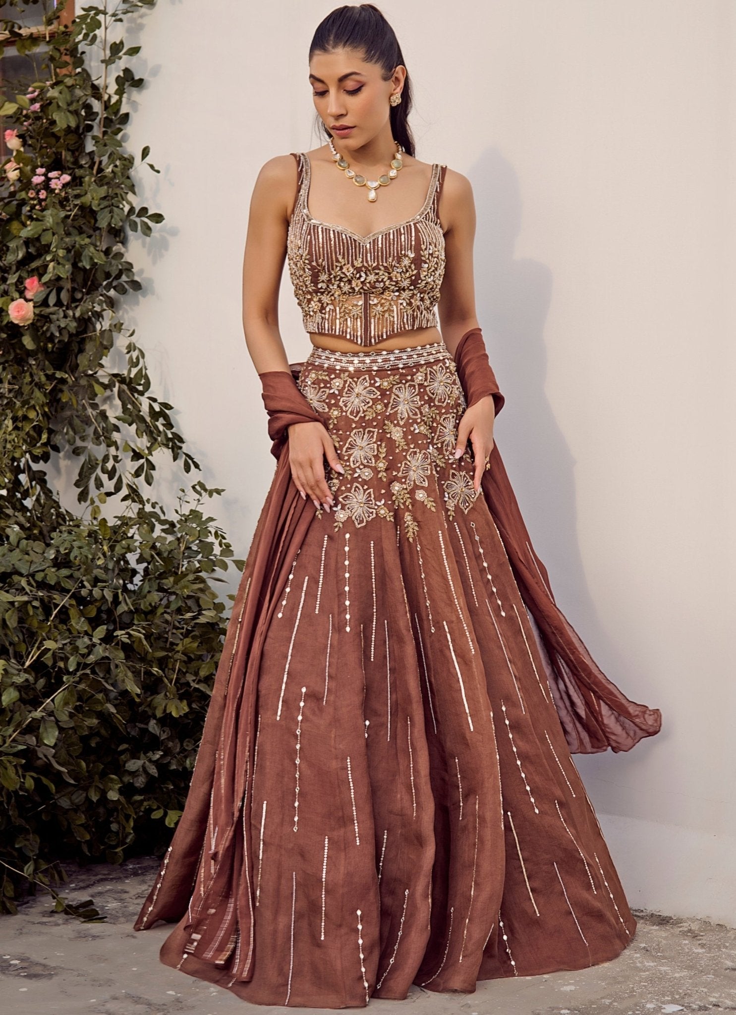 Brown Embroidered Corset Lehenga Set Parul Gandhi Fabilicious Fashion