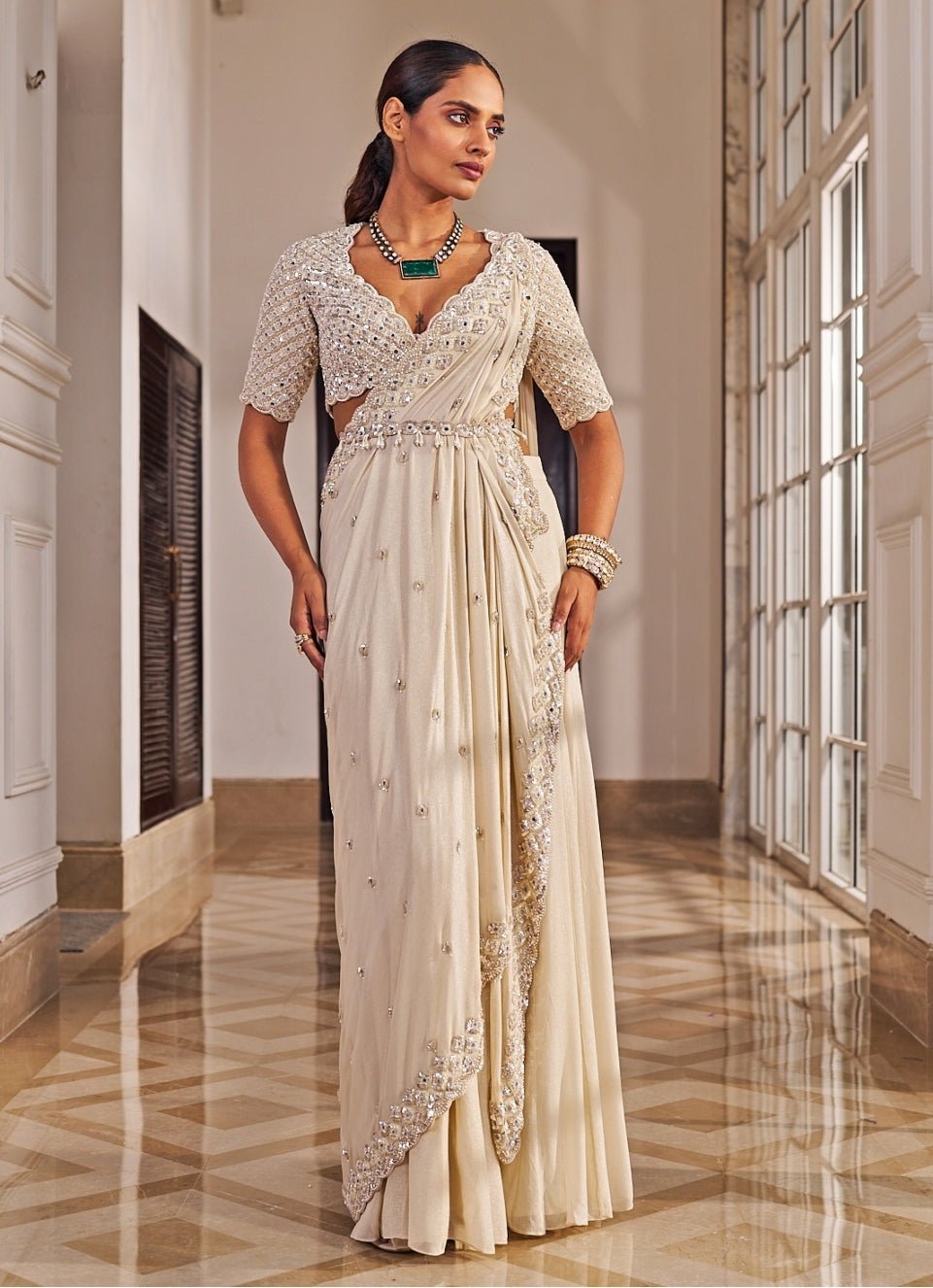 Nidhika Shekhar — Champagne Georgette Predraped Saree – Fabilicious Fashion