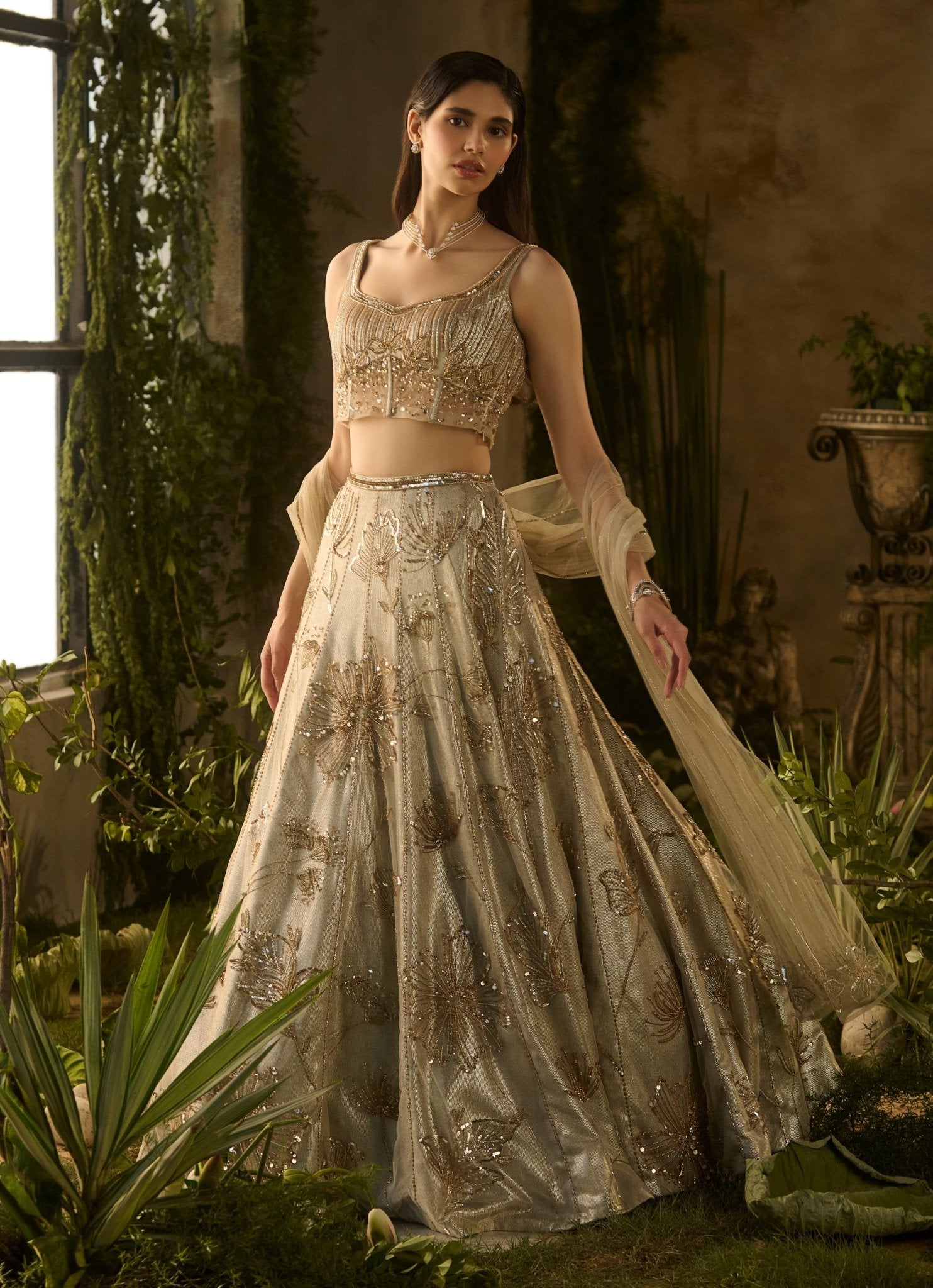 Champagne Gold Floral Lehenga Set - Parul Gandhi- Fabilicious Fashion