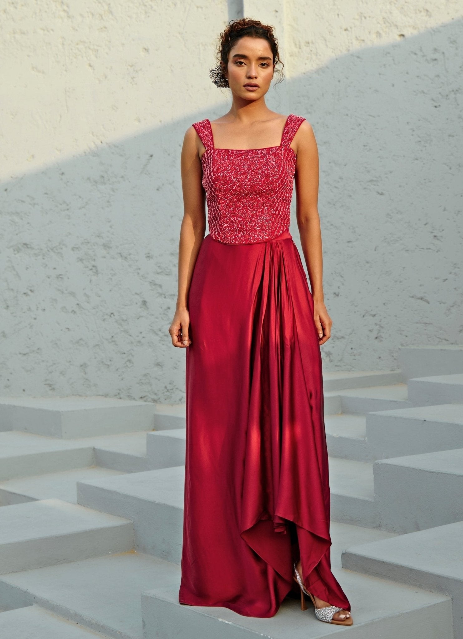 Deep Red Draped Skirt And Embroidered Corset - Chamee and Palak ...
