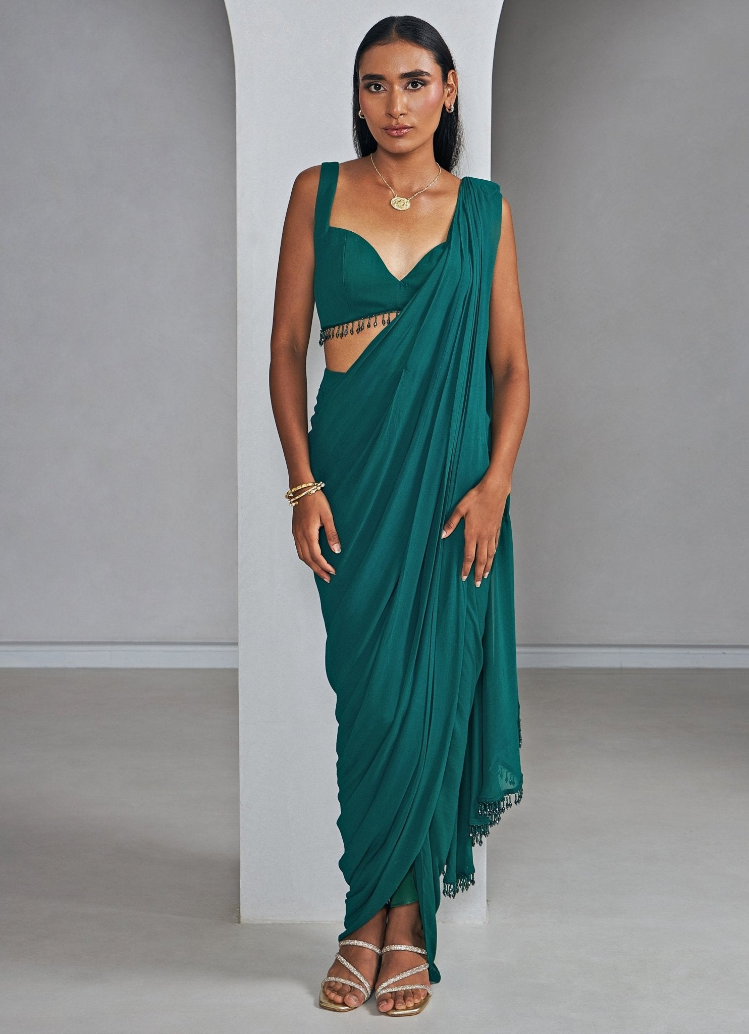 Emerald Green Dhoti Style Pure Georgette Saree With Strappy Blouse ...