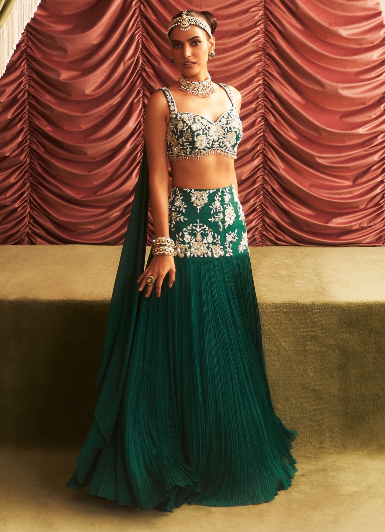 Emerald Green Embroidered Lehenga Set With Attached Dupatta - Seema ...