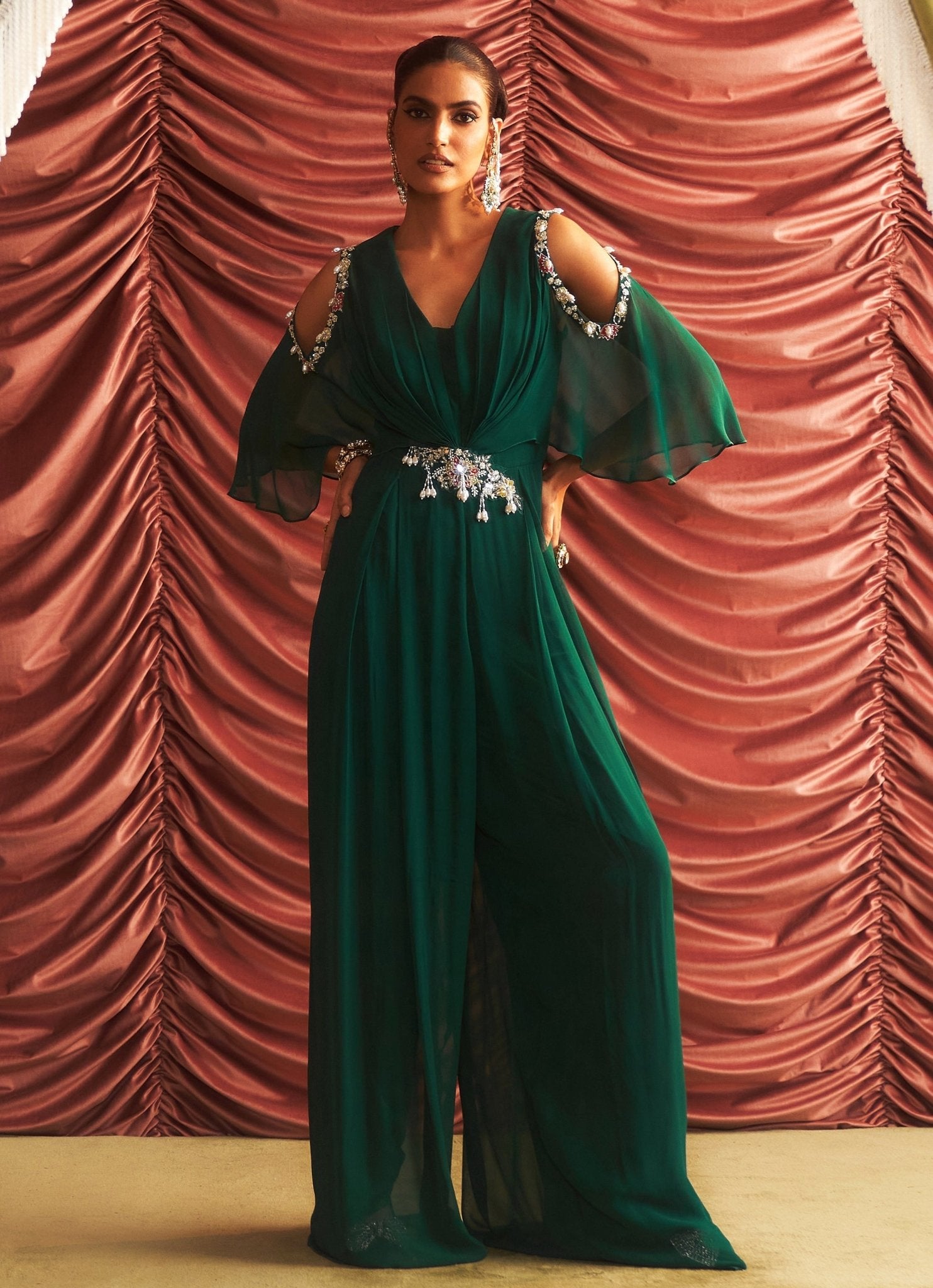 Emerald Green Georgette Embroidered Jumpsuit - Seema Thukral ...