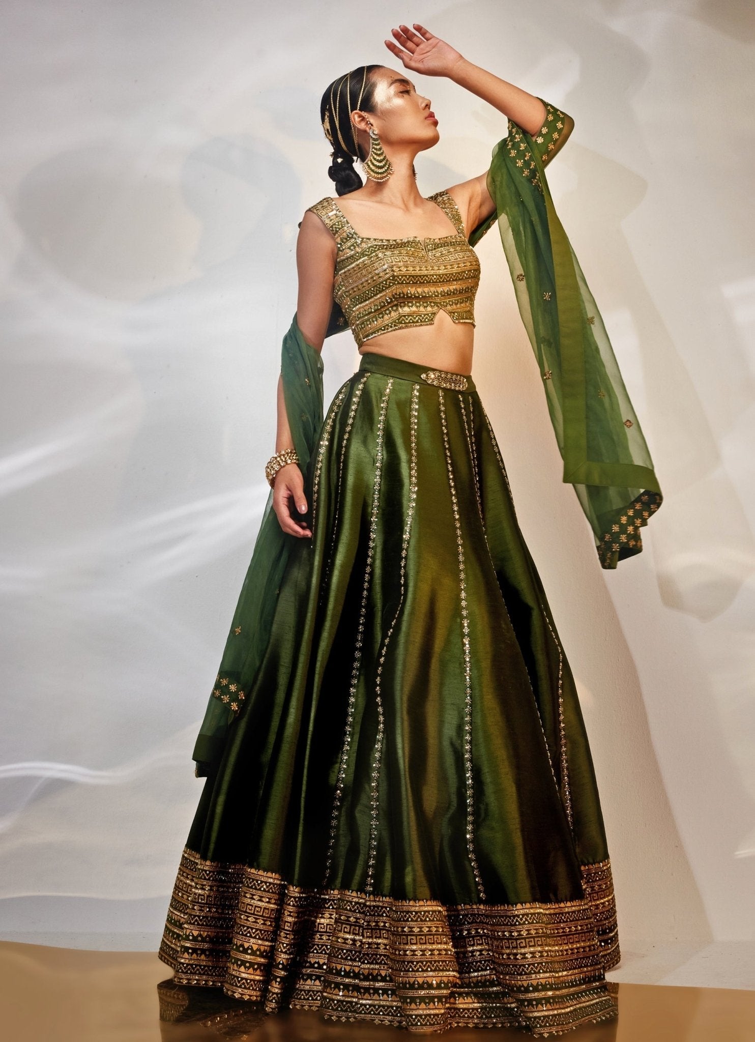 Green and Gold Embroidered Silk Lehenga Set - Akara- Fabilicious Fashion