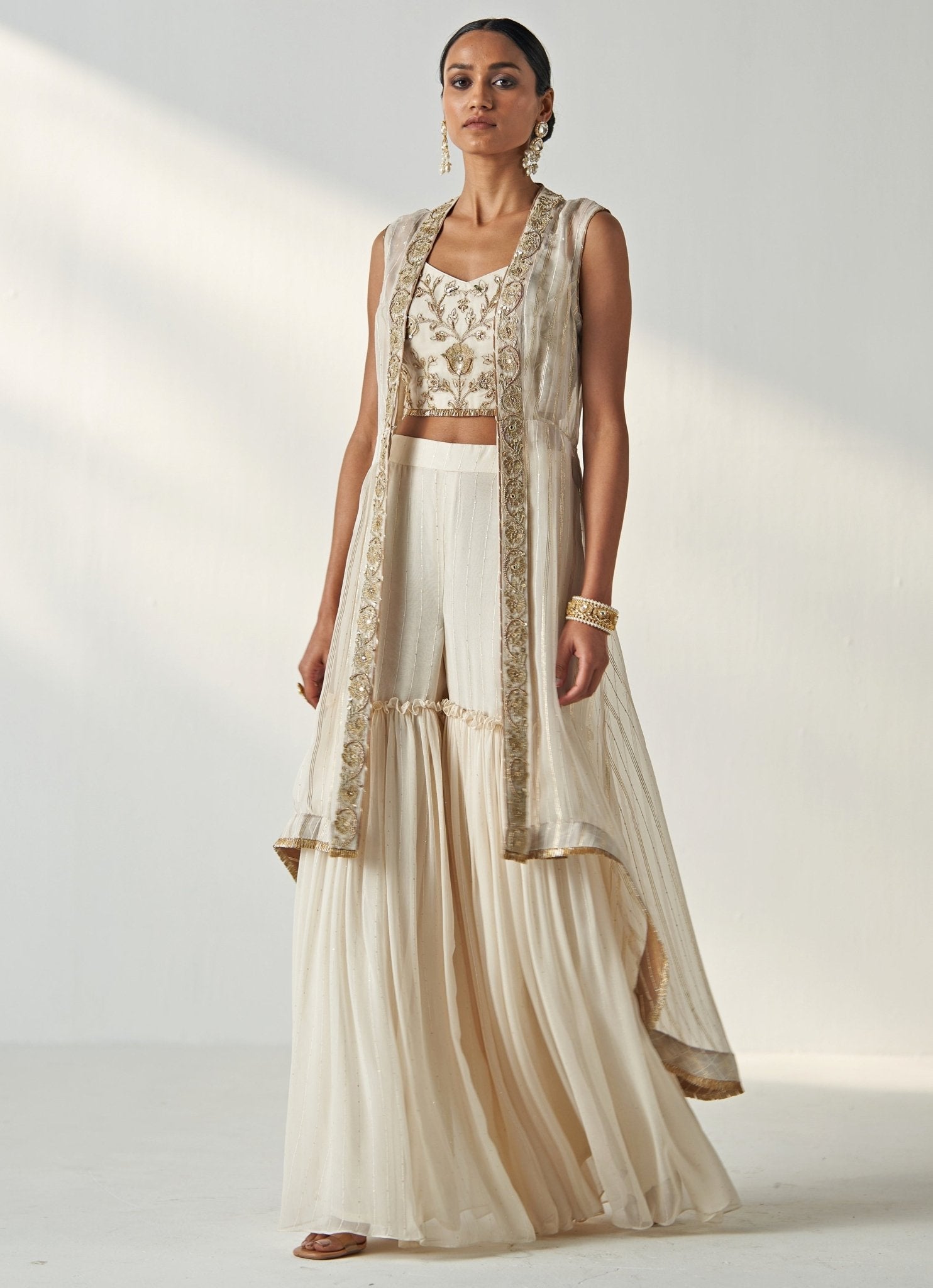 Ivory Embroidered Kurta Garara Set With Cape - Studio Bagechaa ...