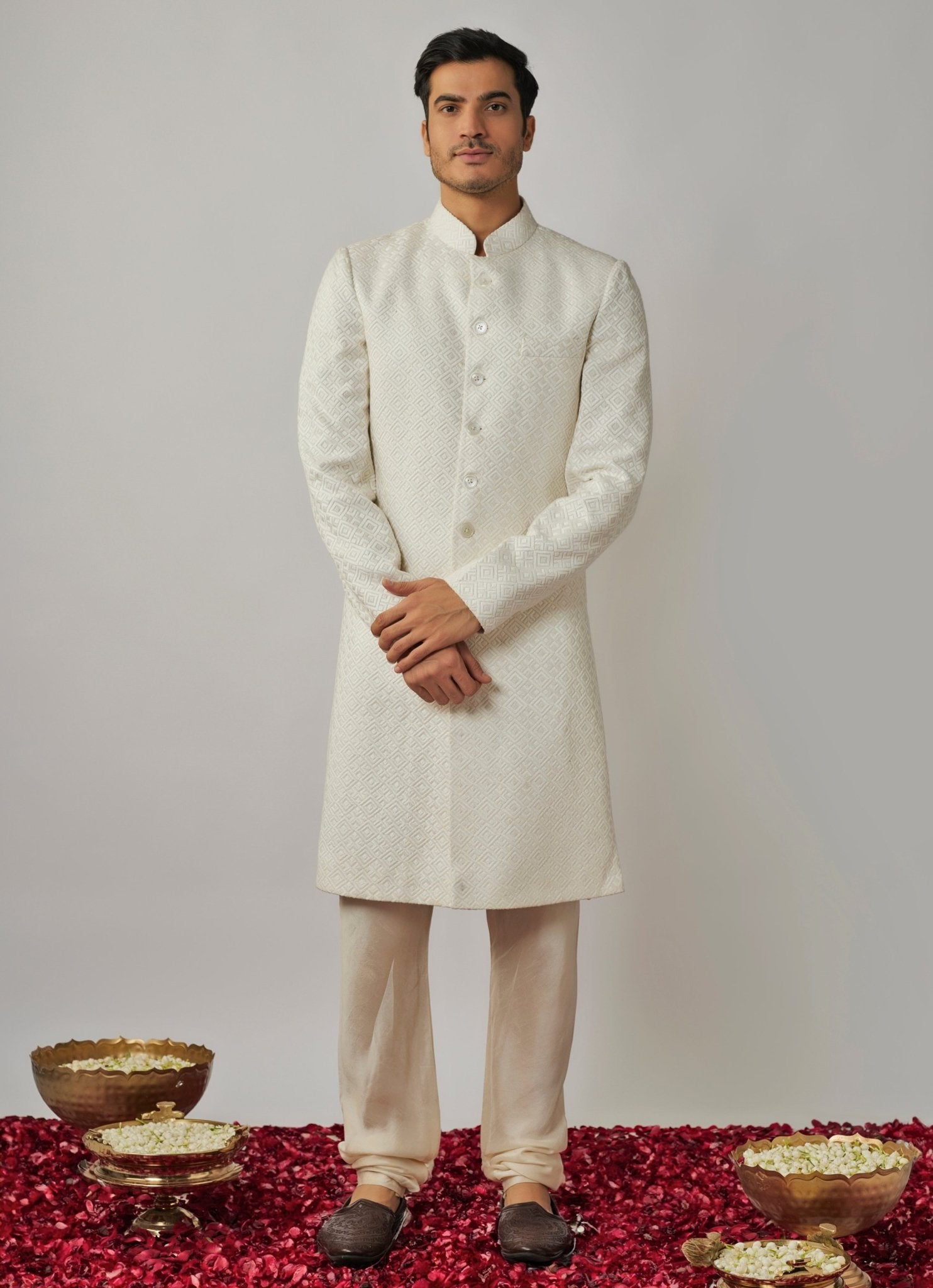 Ivory Geometric Embroidered Sherwani Set - Renee - Men- Fabilicious Fashion