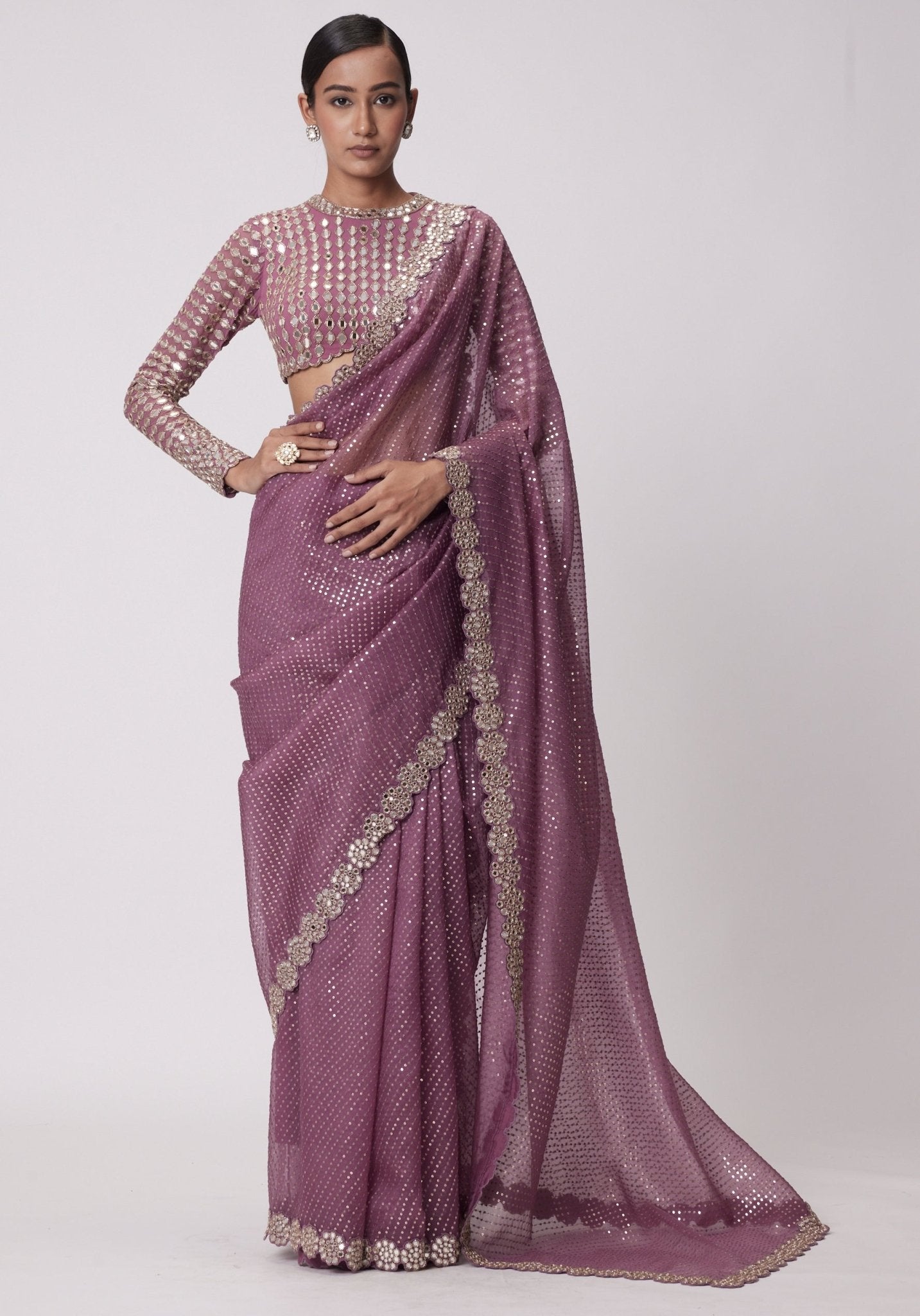 Lilac Organza Saree With Embroidered Full Sleeves Blouse - Vvani by ...