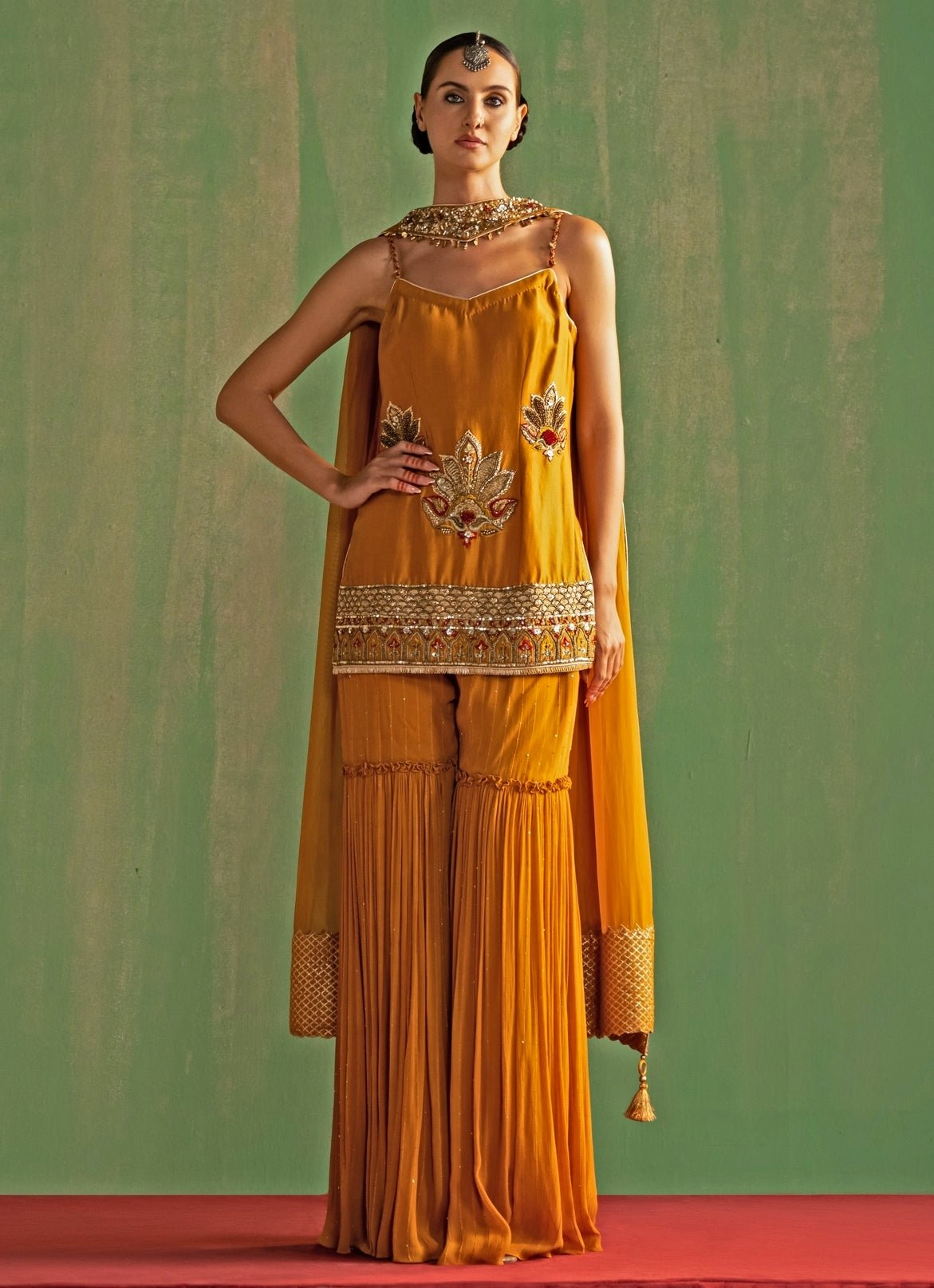 Mustard Yellow Embroidered Kurta Sharara Set - Studio Bagechaa ...