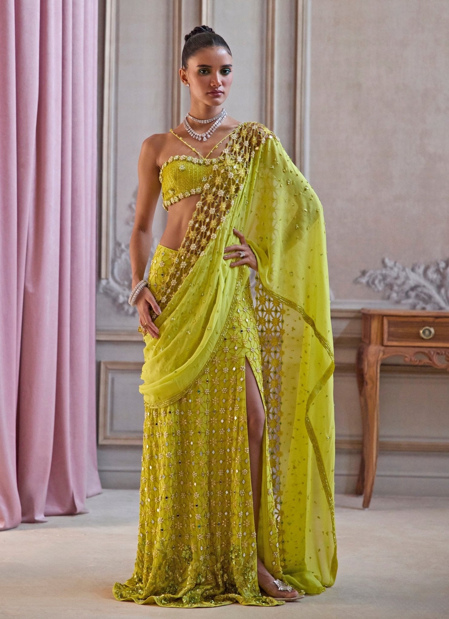 Neon Green Embroidered Georgette Pre-Draped Saree - Sanya Gulati ...