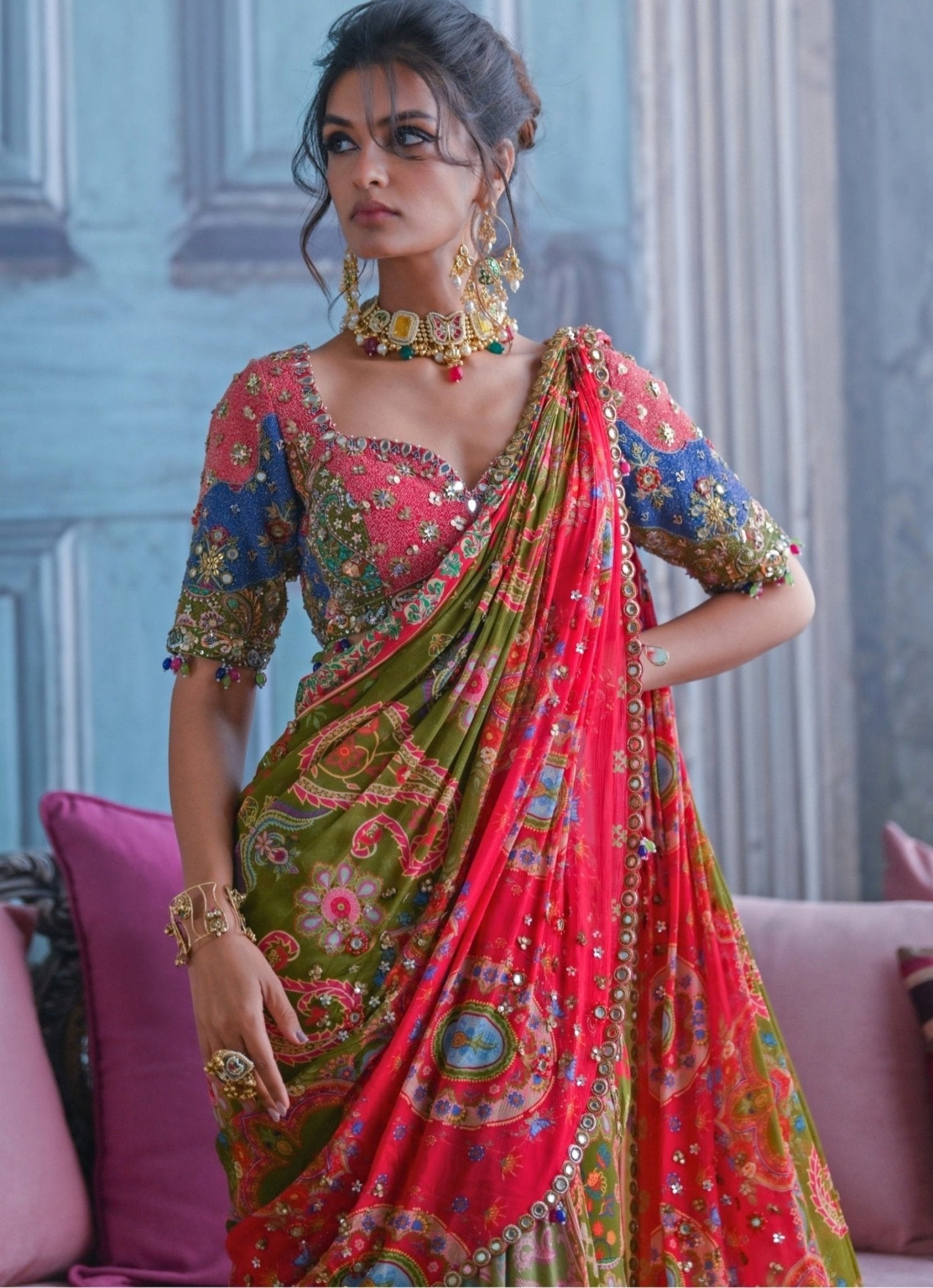 Olive Green Printed Embroidered Chiffon Predraped Saree - Juhi Bengani ...
