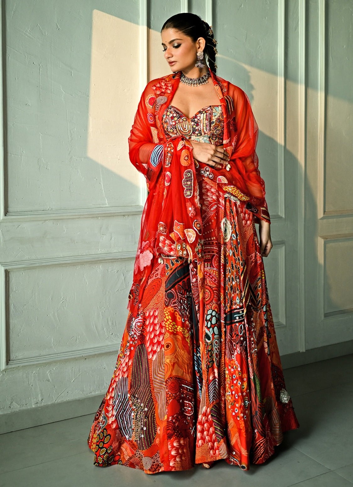Juhi Bengani — Red Printed Satin Lehenga With Sequin-Embroidered Blouse ...