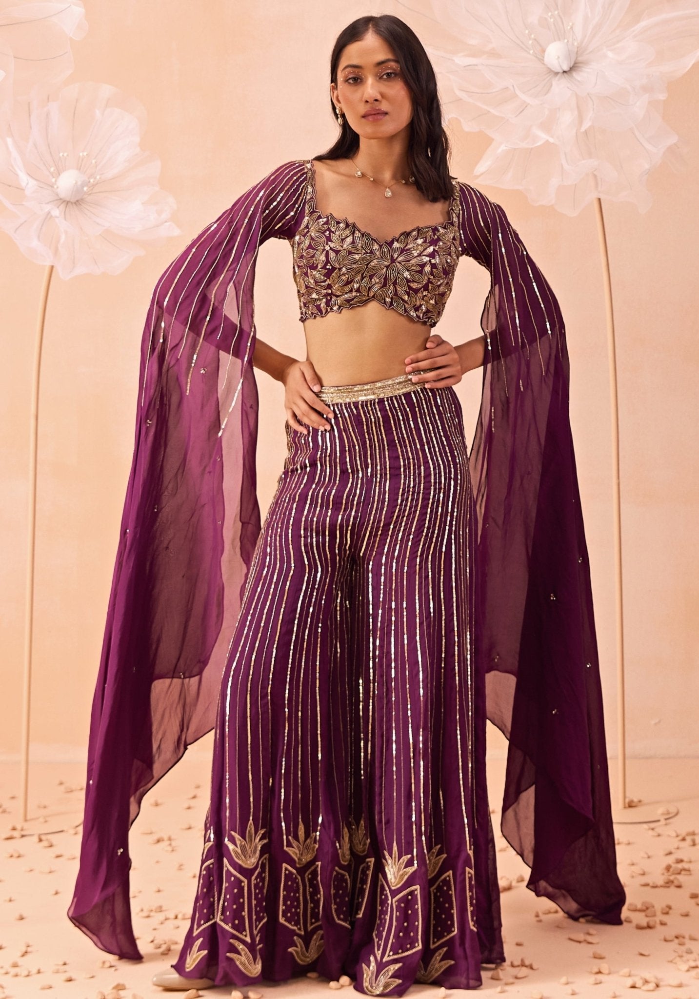 Wine Embroidered Pant Set - Parul Gandhi- Fabilicious Fashion
