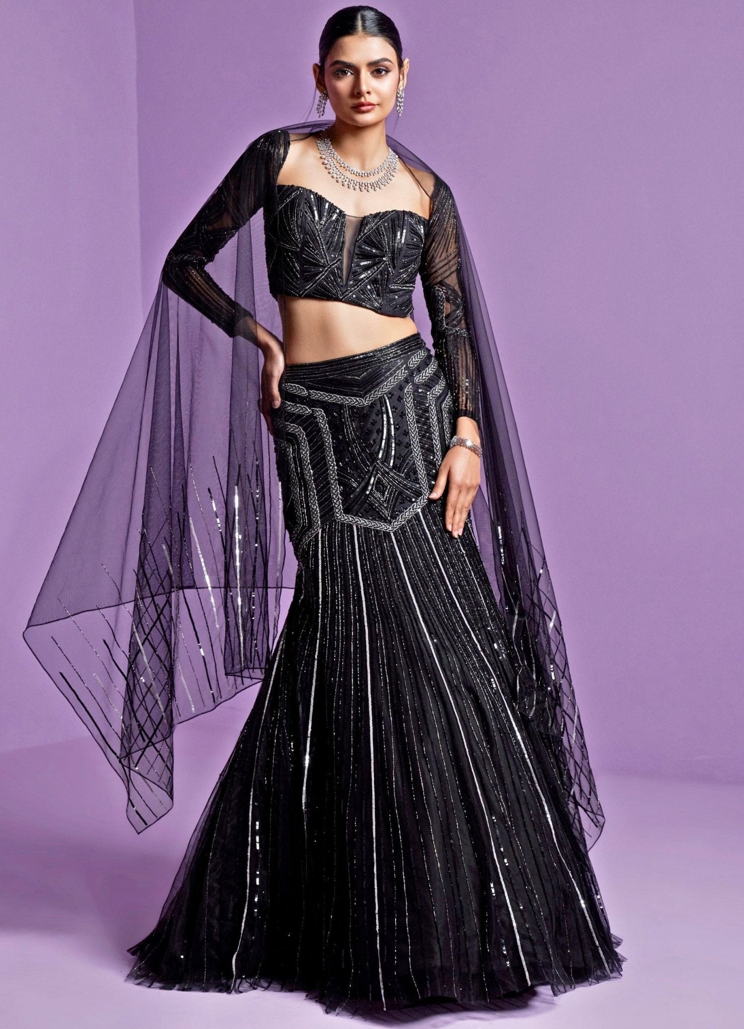 Black Starry Mermaid Cut Sequinned And Crystal Lehenga Set - Parul ...