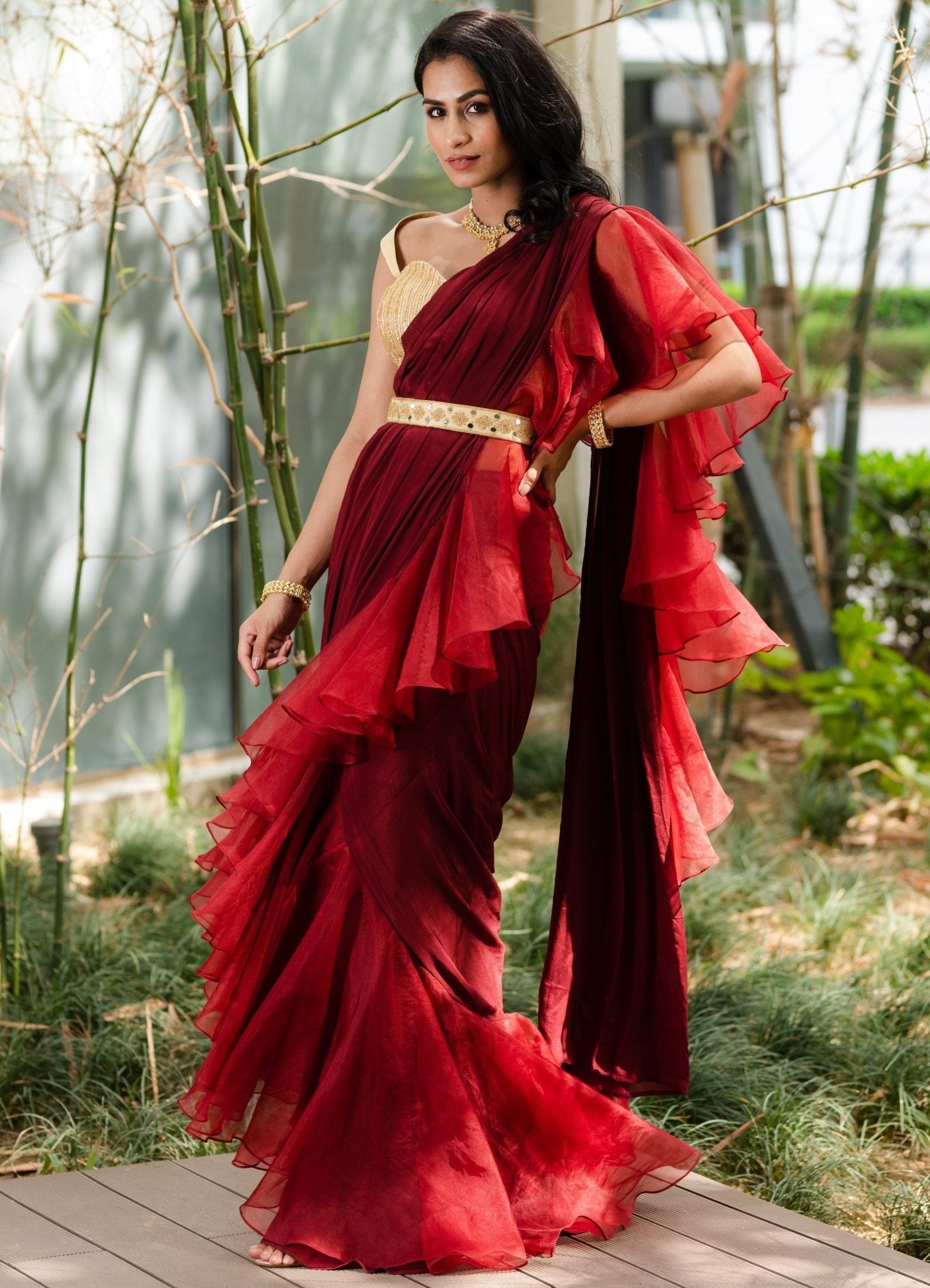 Crimson Red Predraped Ruffle Saree - Rashika Sharma- Fabilicious Fashion