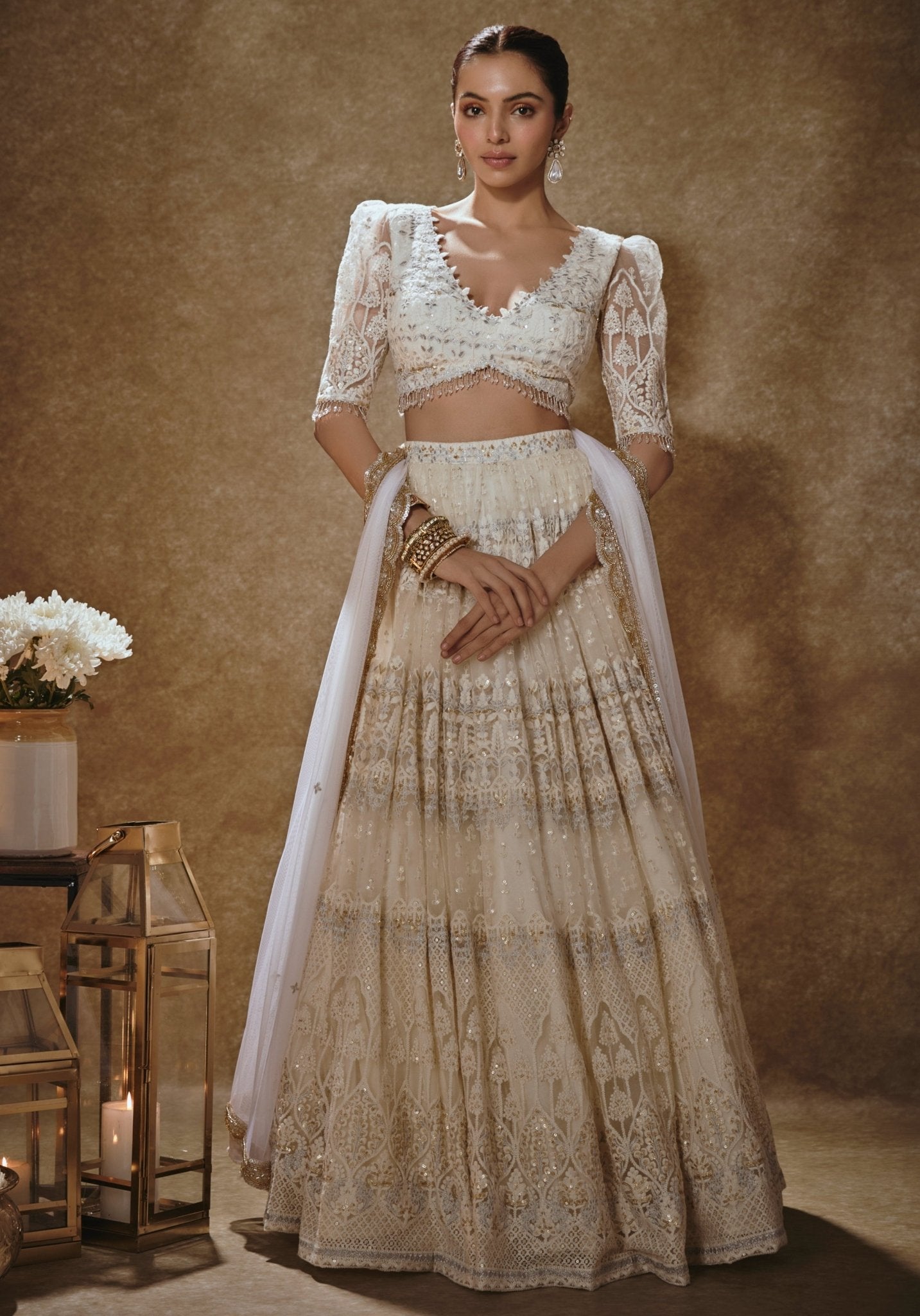 Ivory And Gold Embroidered Lehenga Set - Renee Label- Fabilicious Fashion
