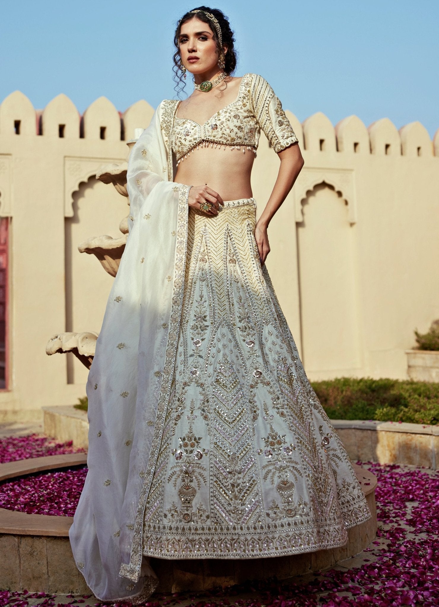 Ivory Embroidered Lehenga Set - Chamee and Palak- Fabilicious Fashion