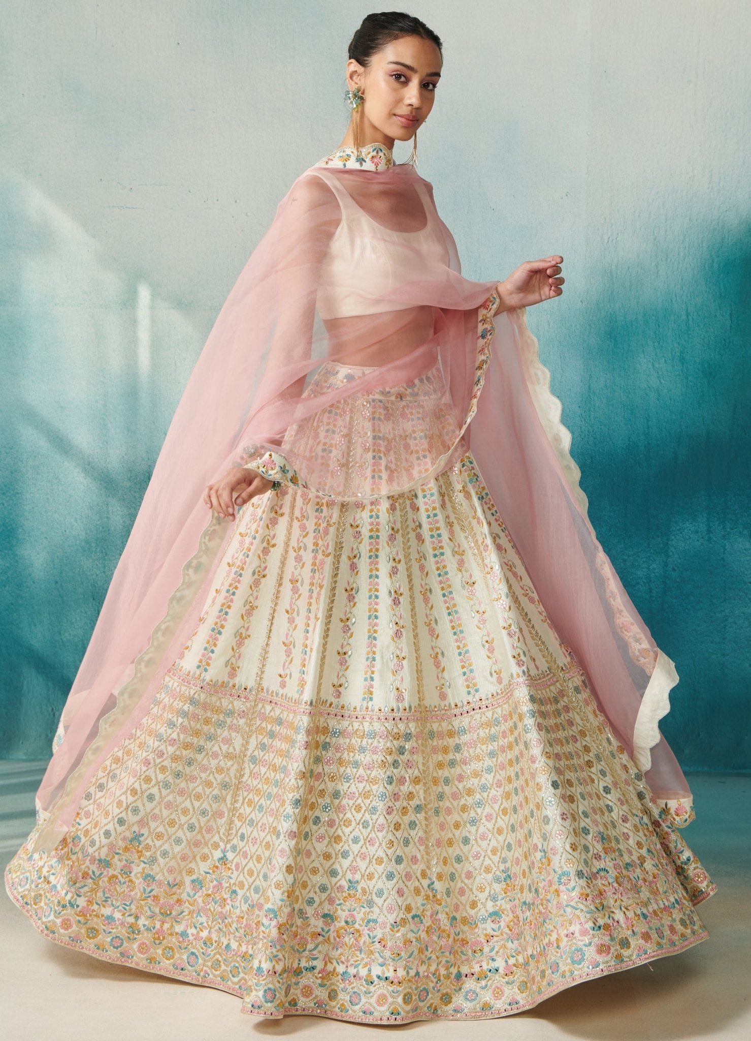 Ivory Silk Lehenga With Front Open Jacket Set And Dupatta - Suhino ...