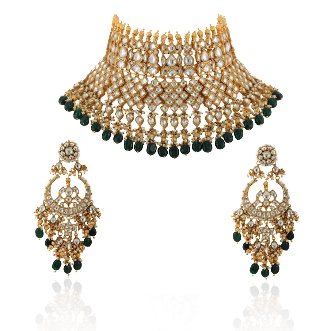 Multi Layered Bridal Necklace With Kundan And Green Beads