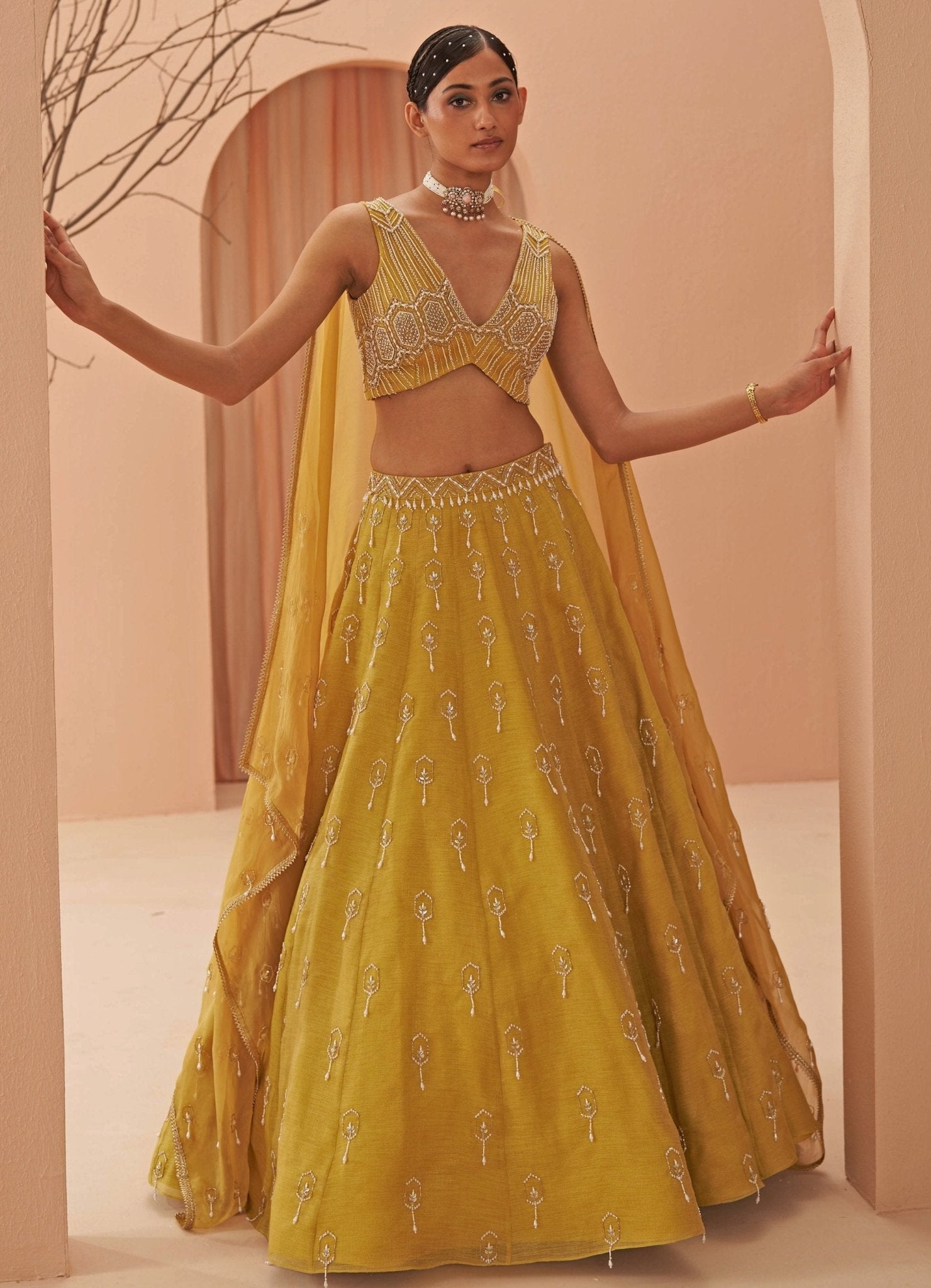 Mustard Yellow Pearl Embroidered lehenga Set - Parul Gandhi ...