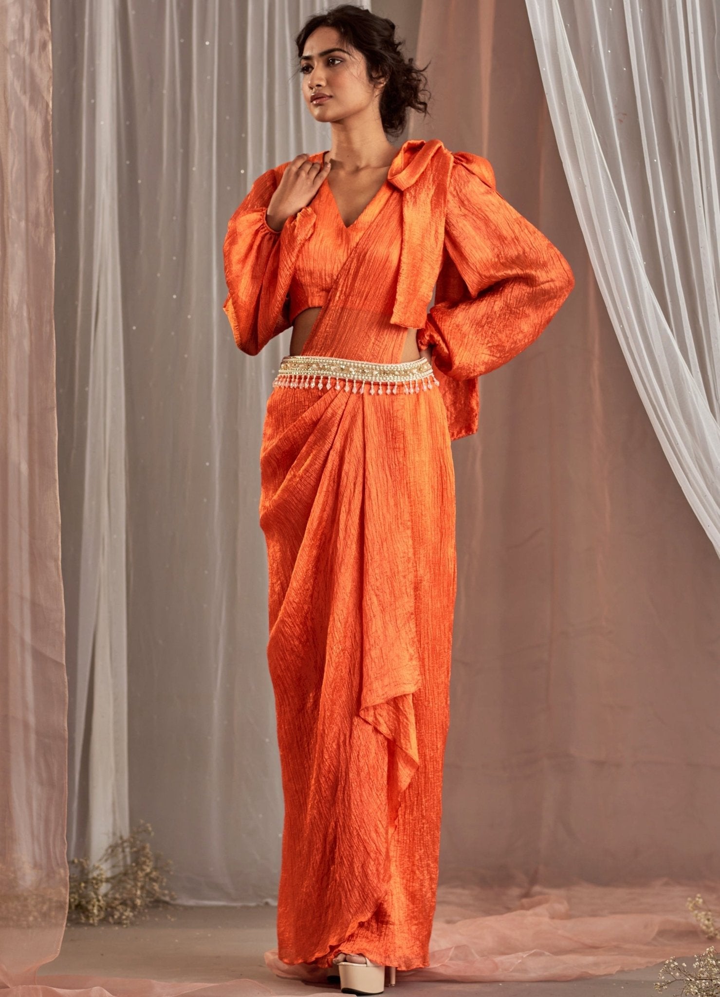 Orange Draped Silk Lehenga Set With Balloon Sleeved Blouse - Nidhika ...