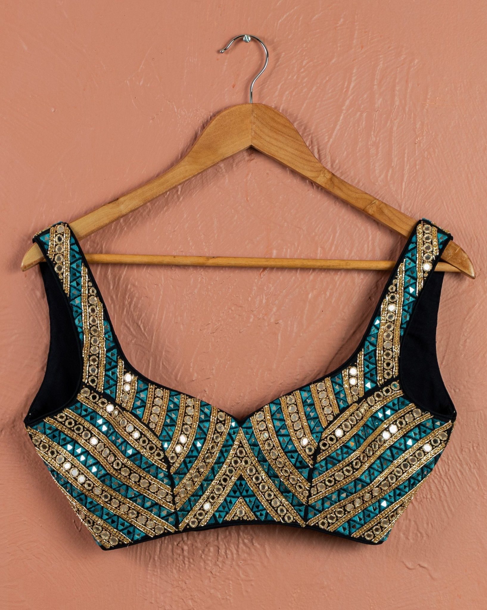 Teal Blue And Gold Mirror Raw Silk Blouse - Anisha Shetty- Fabilicious ...